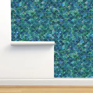 Spoonflower Peacock Mermaid Scales 100% Natural Sisal Grasscloth Wallcovering