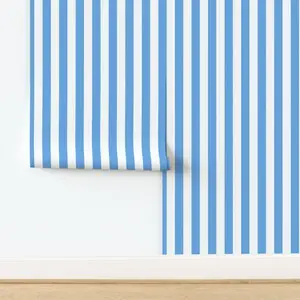 Spoonflower Coastal Beach Blue Cabana Hut Tent Stripes Custom Pre-pasted Wallpaper