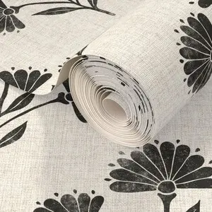 Spoonflower Suri Floral B W 100% Natural Sisal Grasscloth Wallcovering - Gray,white
