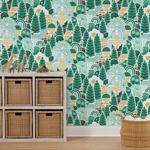 Spoonflower Landscape Nature Cats Animals Woods Tree Custom Pre-pasted Wallpaper