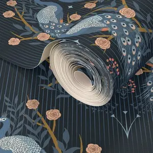 Spoonflower Folk Peacock Navy 100% Natural Sisal Grasscloth Wallcovering - Blue,pink