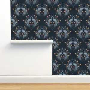 Spoonflower Folk Peacock Navy 100% Natural Sisal Grasscloth Wallcovering