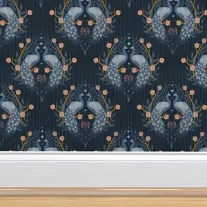 Spoonflower Folk Peacock Navy 100% Natural Sisal Grasscloth Wallcovering