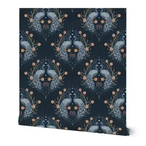 Spoonflower Folk Peacock Navy 100% Natural Sisal Grasscloth Wallcovering