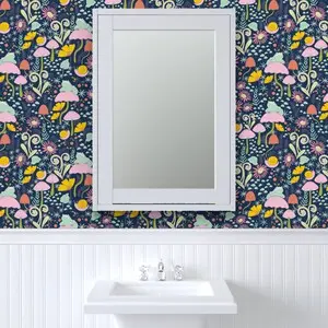 Spoonflower Whimsical Forest Snails Frogs Mushrooms Custom Pre-pasted Wallpaper