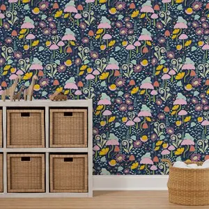 Spoonflower Whimsical Forest Snails Frogs Mushrooms Custom Pre-pasted Wallpaper