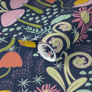 Spoonflower Whimsical Forest Snails Frogs Mushrooms Custom Pre-pasted Wallpaper - Blue