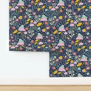 Spoonflower Whimsical Forest Snails Frogs Mushrooms Custom Pre-pasted Wallpaper - Blue