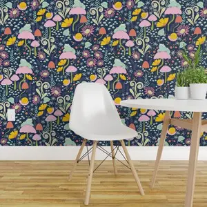 Spoonflower Whimsical Forest Snails Frogs Mushrooms Custom Pre-pasted Wallpaper - Blue