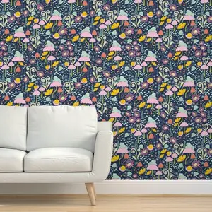 Spoonflower Whimsical Forest Snails Frogs Mushrooms Custom Pre-pasted Wallpaper - Blue