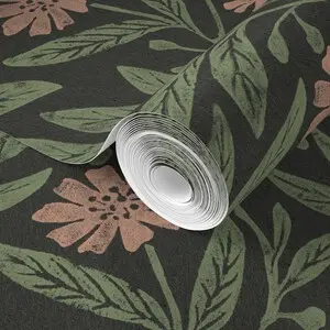 Spoonflower Flower Green Modern Dark Daisy Folk Art Custom Pre-pasted Wallpaper - Black