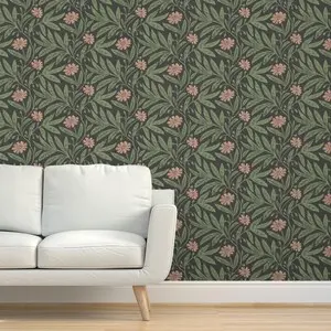 Spoonflower Flower Green Modern Dark Daisy Folk Art Custom Pre-pasted Wallpaper - Black