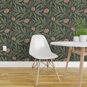 Spoonflower Flower Green Modern Dark Daisy Folk Art Custom Pre-pasted Wallpaper - Black