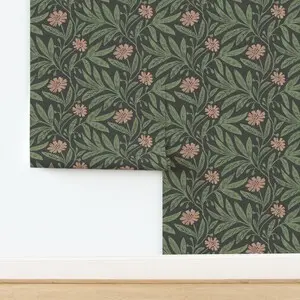 Spoonflower Flower Green Modern Dark Daisy Folk Art Custom Pre-pasted Wallpaper - Black
