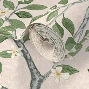 Spoonflower Pale Pink Climbing Citrus Grove With Peonies 100% Natural Sisal Grasscloth Wallcovering - Pink,green