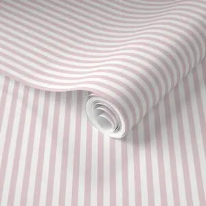 Spoonflower Pink Blush Narrow Stripe Candy Beach Hut Coastal Custom Pre-pasted Wallpaper - Pink,white