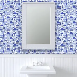 Spoonflower Greek Electric Blue Greece Santorini Mediterranean Custom Pre-pasted Wallpaper - White,blue