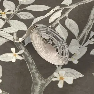 Spoonflower Chocolate Elsie's Garden 100% Natural Sisal Grasscloth Wallcovering - Gray