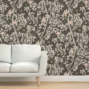 Spoonflower Chocolate Elsie's Garden 100% Natural Sisal Grasscloth Wallcovering - Gray
