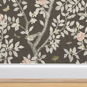 Spoonflower Chocolate Elsie's Garden 100% Natural Sisal Grasscloth Wallcovering - Gray
