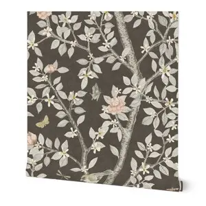 Spoonflower Chocolate Elsie's Garden 100% Natural Sisal Grasscloth Wallcovering - Gray