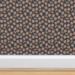 Spoonflower Hops Botanical In Pink On Navy 100% Natural Sisal Grasscloth Wallcovering