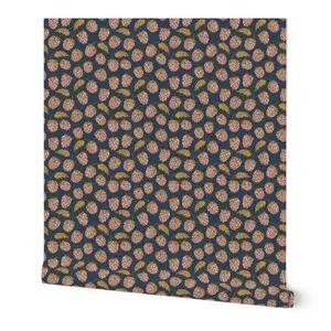 Spoonflower Hops Botanical In Pink On Navy 100% Natural Sisal Grasscloth Wallcovering