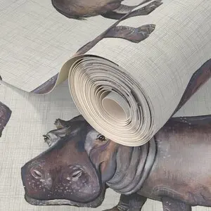 Spoonflower Hippo Safari Hippopotamus Animal 100% Natural Sisal Grasscloth Wallcovering Gray