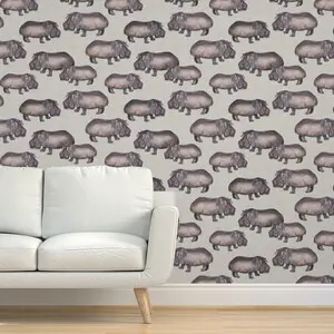 Spoonflower Hippo Safari Hippopotamus Animal 100% Natural Sisal Grasscloth Wallcovering - Gray