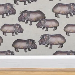 Spoonflower Hippo Safari Hippopotamus Animal 100% Natural Sisal Grasscloth Wallcovering - Gray