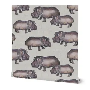 Spoonflower Hippo Safari Hippopotamus Animal 100% Natural Sisal Grasscloth Wallcovering - Gray
