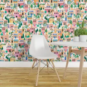 Spoonflower Lake Seaside Palm Trees Houses Garden Custom Pre-pasted Wallpaper - Pink