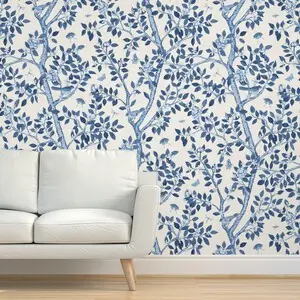 Spoonflower Blue And White Climbing Branches With Peonies 100% Natural Sisal Grasscloth Wallcovering - Blue,white,gray