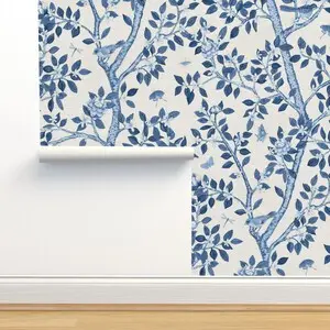 Spoonflower Blue And White Climbing Branches With Peonies 100% Natural Sisal Grasscloth Wallcovering - Blue,white,gray