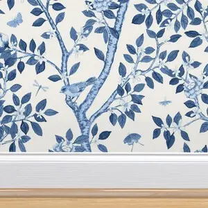 Spoonflower Blue And White Climbing Branches With Peonies 100% Natural Sisal Grasscloth Wallcovering - Blue,white,gray