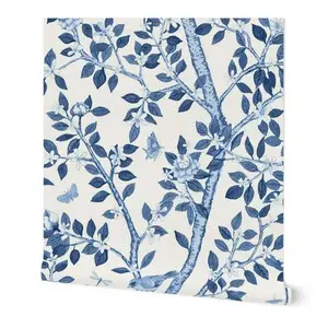 Spoonflower Blue And White Climbing Branches With Peonies 100% Natural Sisal Grasscloth Wallcovering - Blue,white,gray