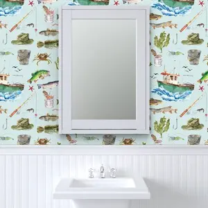 Spoonflower Watercolor Adventure Fish Boat Nautical Light Custom Pre-pasted Wallpaper - Blue