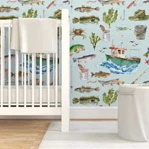 Spoonflower Watercolor Adventure Fish Boat Nautical Light Custom Pre-pasted Wallpaper - Blue