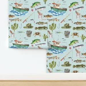 Spoonflower Watercolor Adventure Fish Boat Nautical Light Custom Pre-pasted Wallpaper - Blue