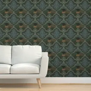 Spoonflower Ogee Dark Vineyard Fountain Hills Custom Pre-pasted Wallpaper - Green