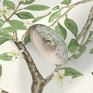 Spoonflower White Climbing Citrus Grove With Peonies 100% Natural Sisal Grasscloth Wallcovering Gray,green