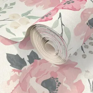 Spoonflower Soft Pink Meadow Floral 100% Natural Sisal Grasscloth Wallcovering - Gray,blue,red