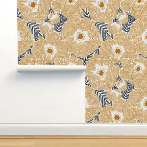 Spoonflower Cleo Orange 100% Natural Sisal Grasscloth Wallcovering - Beige,blue,brown