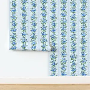 Spoonflower Farmhouse Floral Shabby Chic Romantic Custom Pre-pasted Wallpaper - Blue