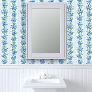 Spoonflower Farmhouse Floral Shabby Chic Romantic Custom Pre-pasted Wallpaper - Blue