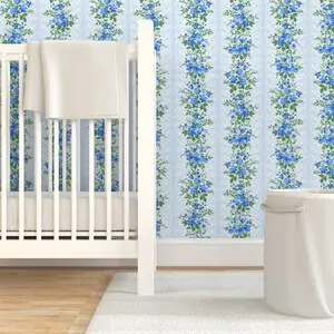 Spoonflower Farmhouse Floral Shabby Chic Romantic Custom Pre-pasted Wallpaper - Blue