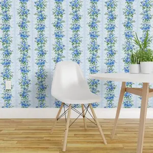 Spoonflower Farmhouse Floral Shabby Chic Romantic Custom Pre-pasted Wallpaper - Blue