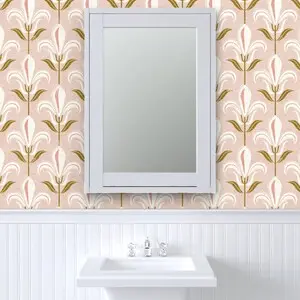 Spoonflower Pink Floral Fleur-de-lis Lily Retro Flowers Custom Pre-pasted Wallpaper - White