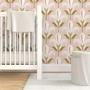 Spoonflower Pink Floral Fleur-de-lis Lily Retro Flowers Custom Pre-pasted Wallpaper - White