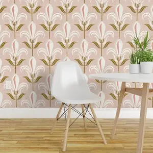 Spoonflower Pink Floral Fleur-de-lis Lily Retro Flowers Custom Pre-pasted Wallpaper - White